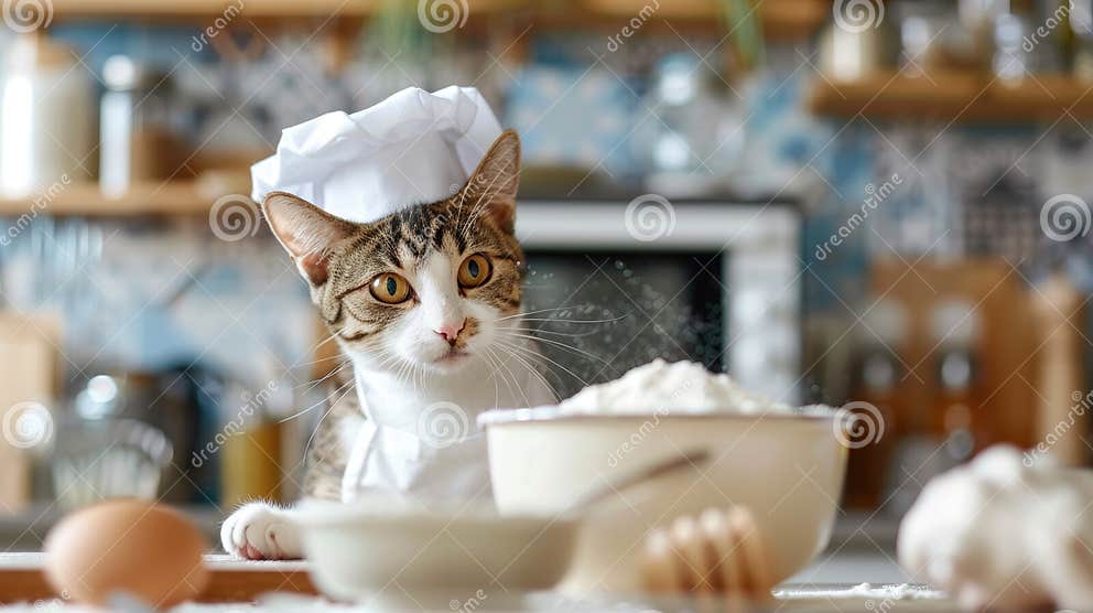 Chef Cat Making a Mess with Flour in the Kitchen Stock Photo - Image of ...