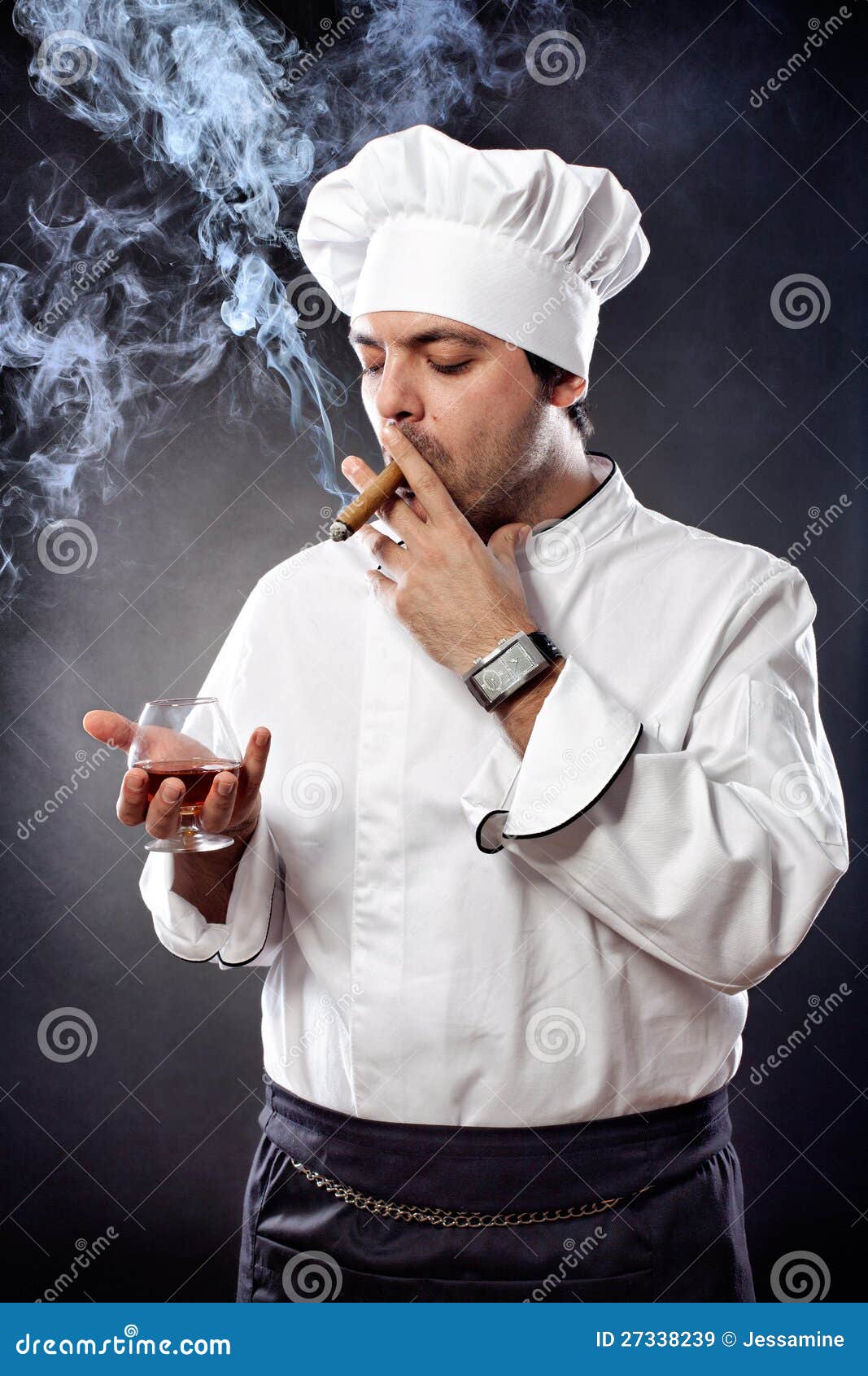 Chef with cigar and cognac stock image. Image of longhandled - 27338239