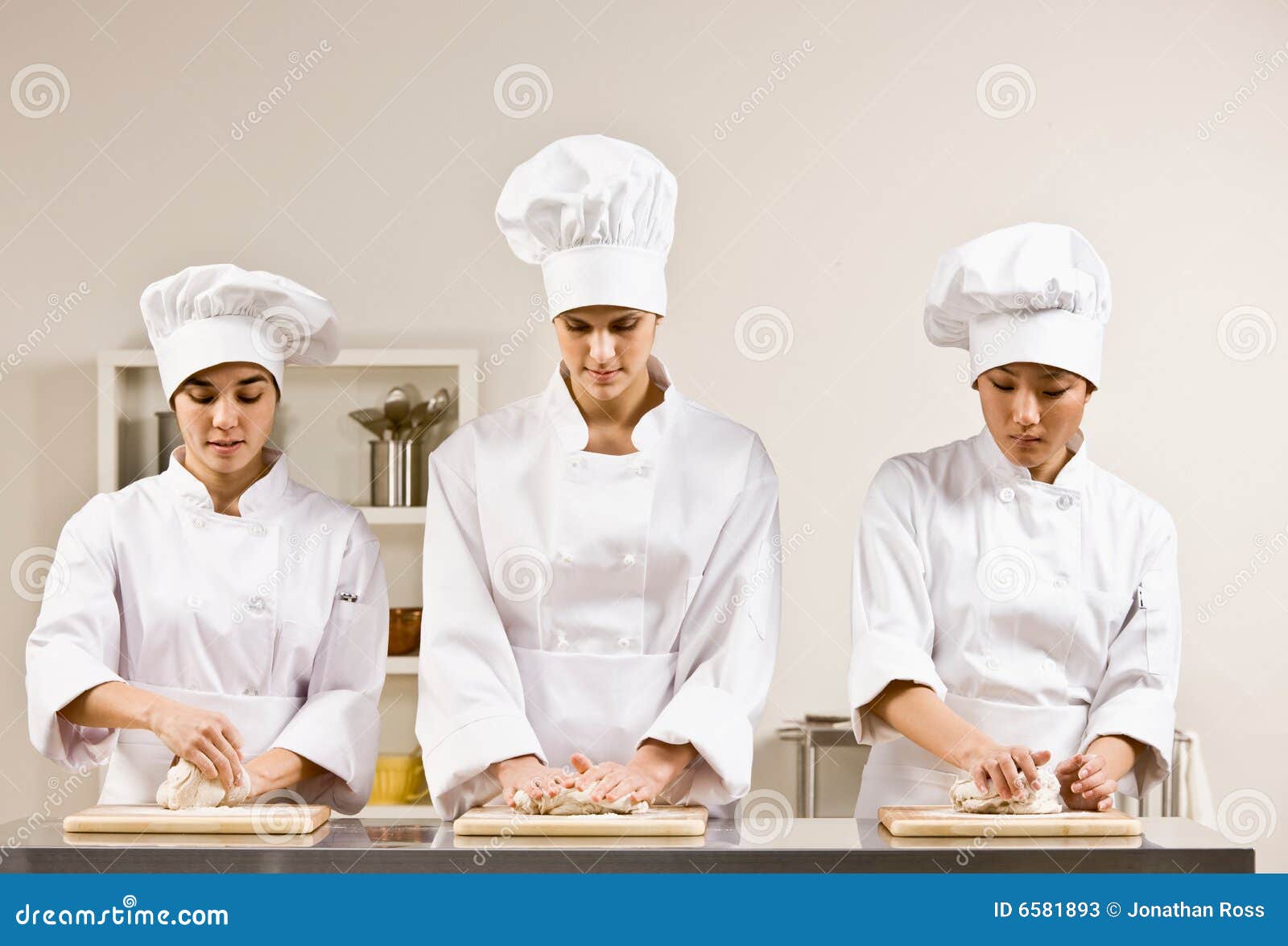Chef Co-workers Kneading Dough in Kitchen Stock Image - Image of friend ...