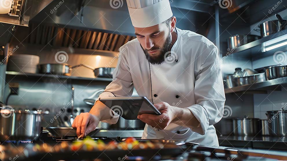 Chef Controlling a Smart Stove with a Tablet in a Tech-enabled Kitchen ...