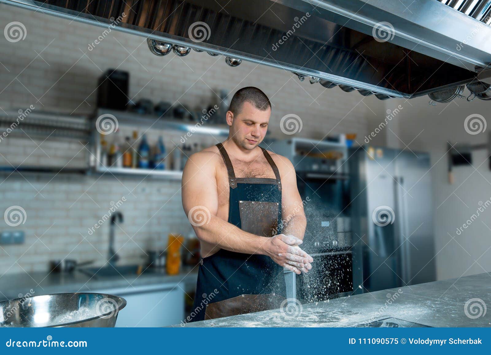 Chef Cook Bodybuilder Claps His Hands with Flour. Cooking Process Stock ...