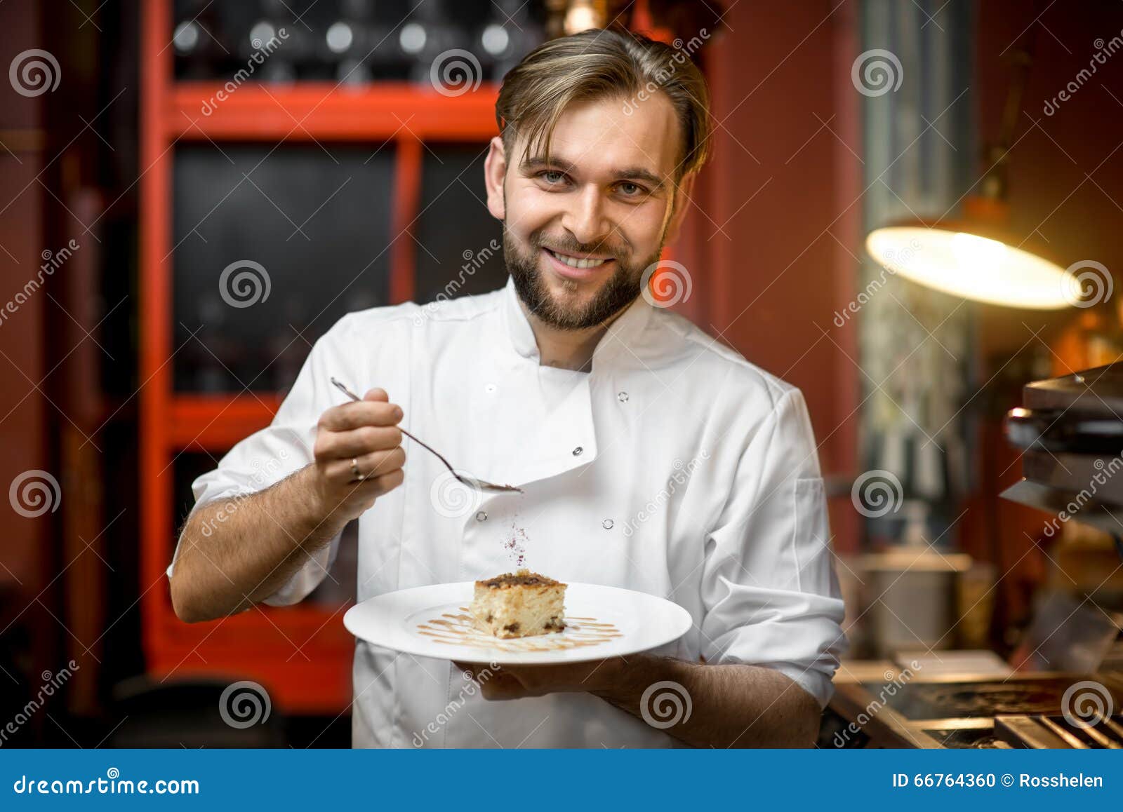 Chef Cook Decorating Cheesecake with Chocolate Powder Stock Photo ...