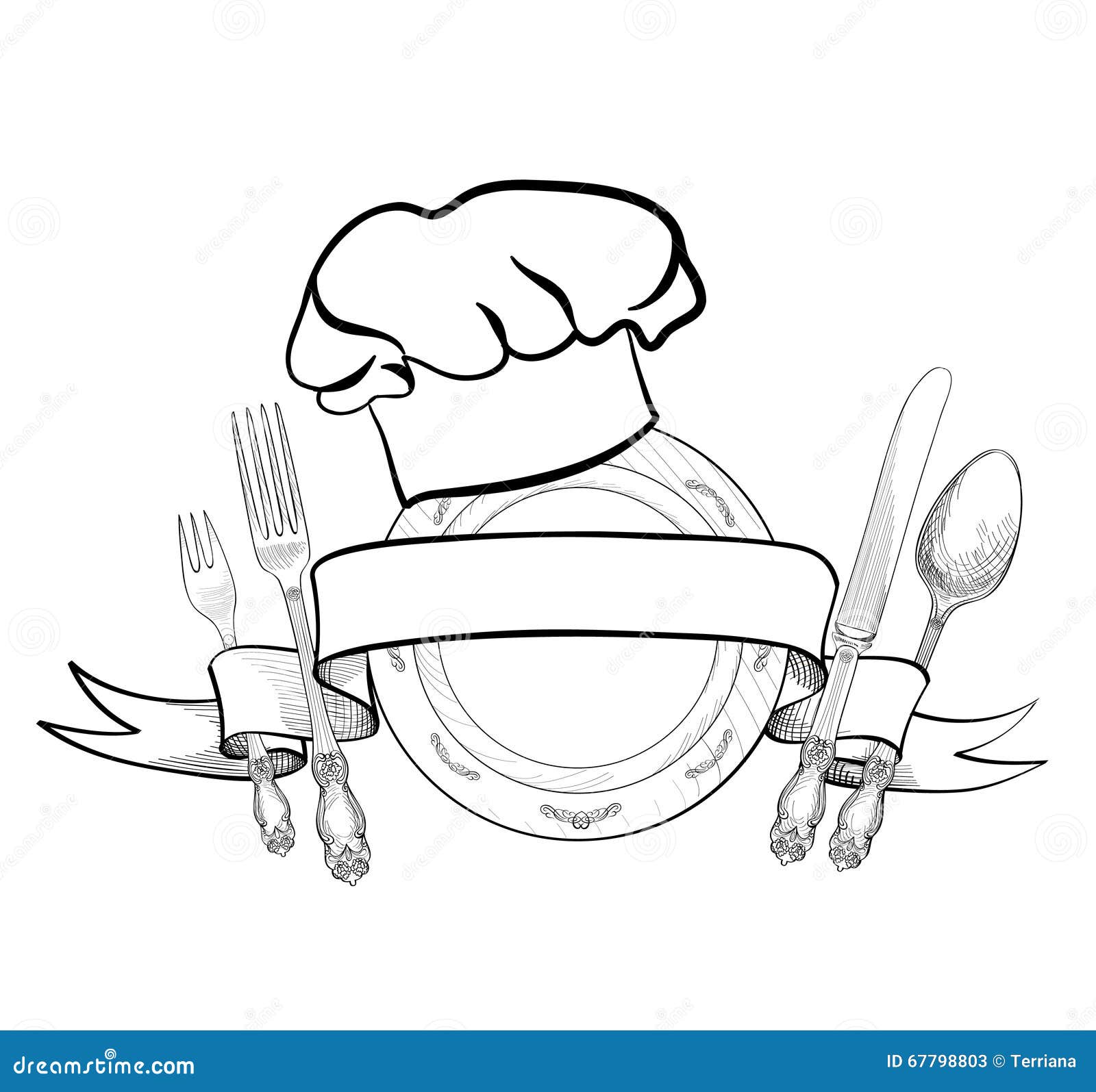 Chef Cook Hat With Fork Spoon And Knife Sketch Label Stock Illustration Illustration Of