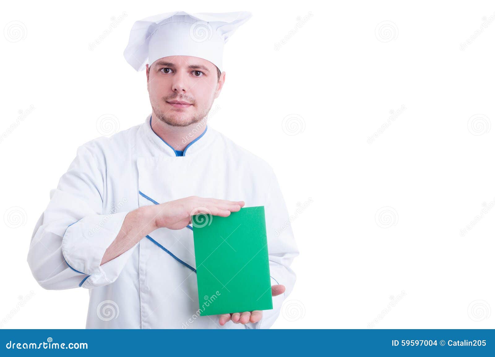 Chef or Cook Holding Green Cardboard with Copy Space Stock Photo ...