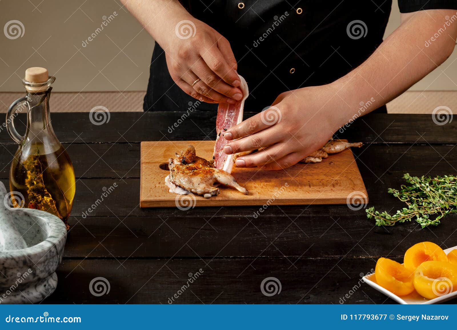 Preparing Quail Specialty, Rolling Quail with Bacon Stock Image - Image ...