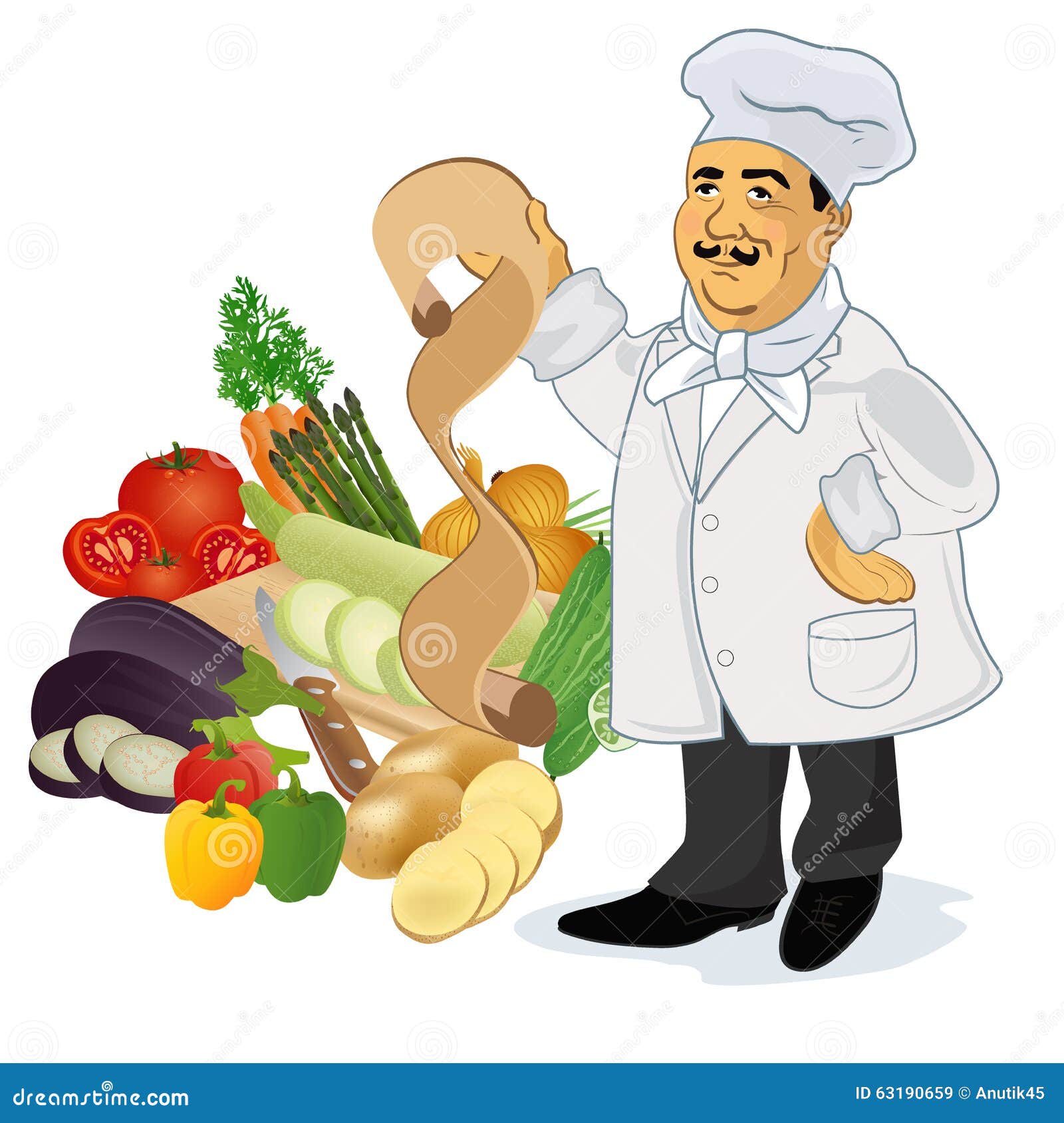 Chef Cook with Recipe and Popular Vegetables, Vector Illustration Stock ...