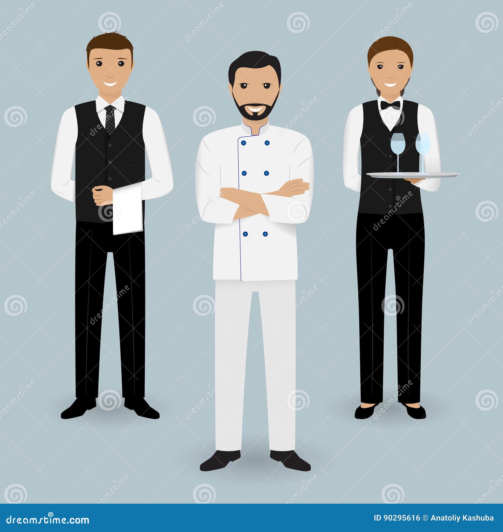Chef Cook and Two Waiters in Uniform Standing Together. Restaurant ...