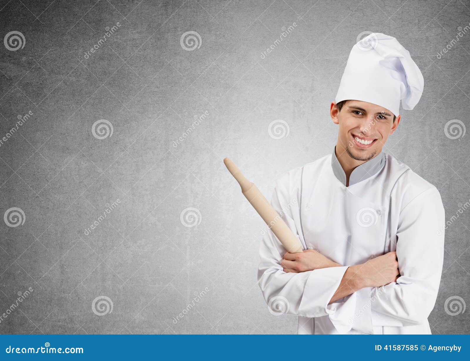 Chef Cook with Wooden Rolling Pin on Grey Stock Image - Image of ...