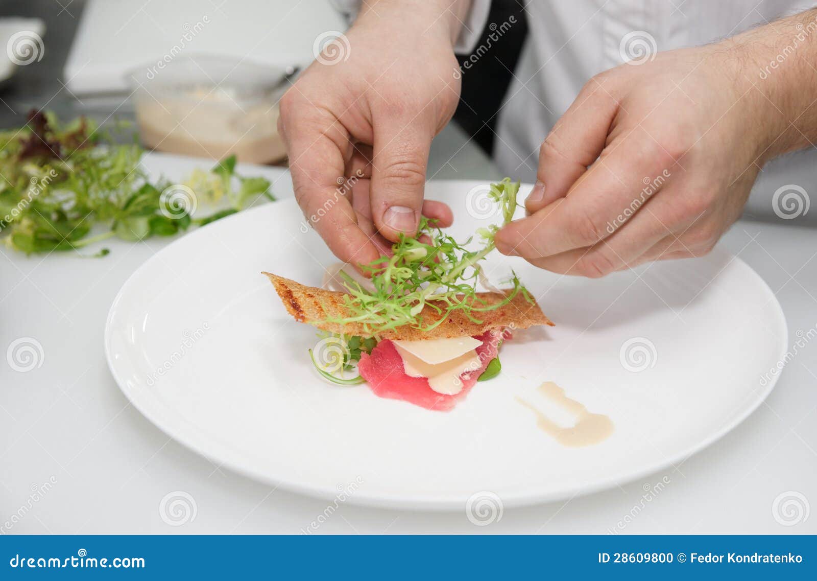 Chef is cooking appetizer stock photo. Image of plate - 28609800
