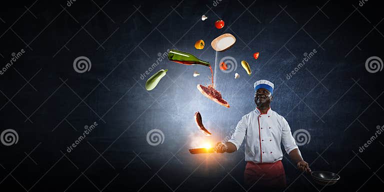 Chef Cooking on Black Background Stock Image - Image of cooked ...