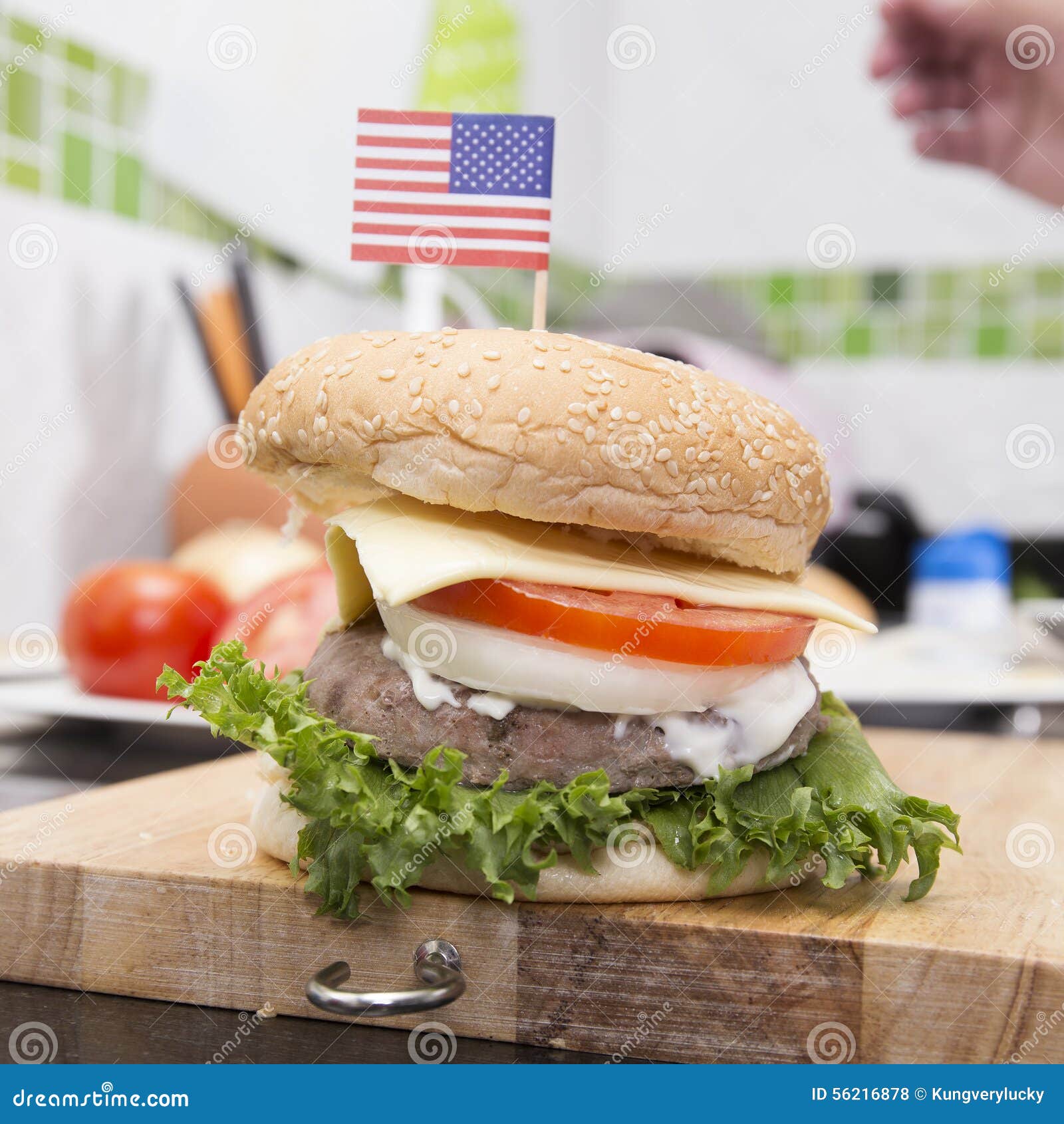 Chef Cooking and Decorated Hamburger with American Flag Stock Photo ...