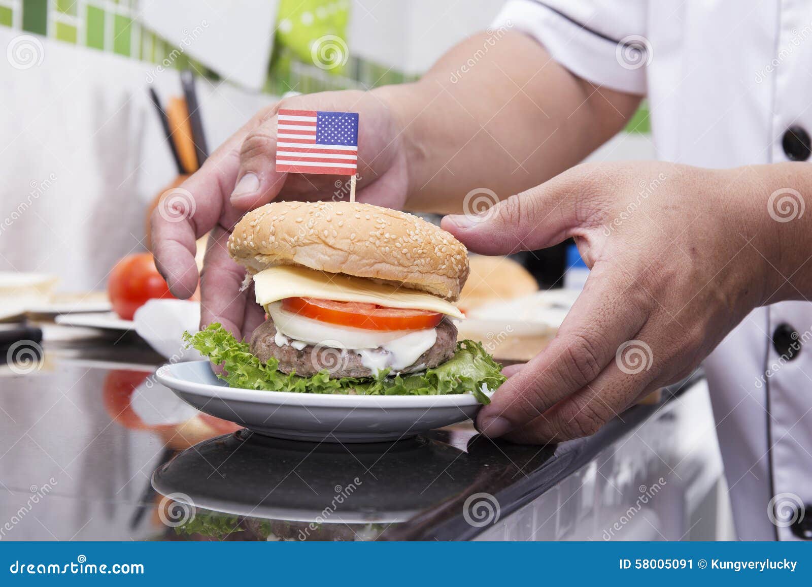 Chef Cooking and Decorated Hamburger with American Flag Stock Image ...