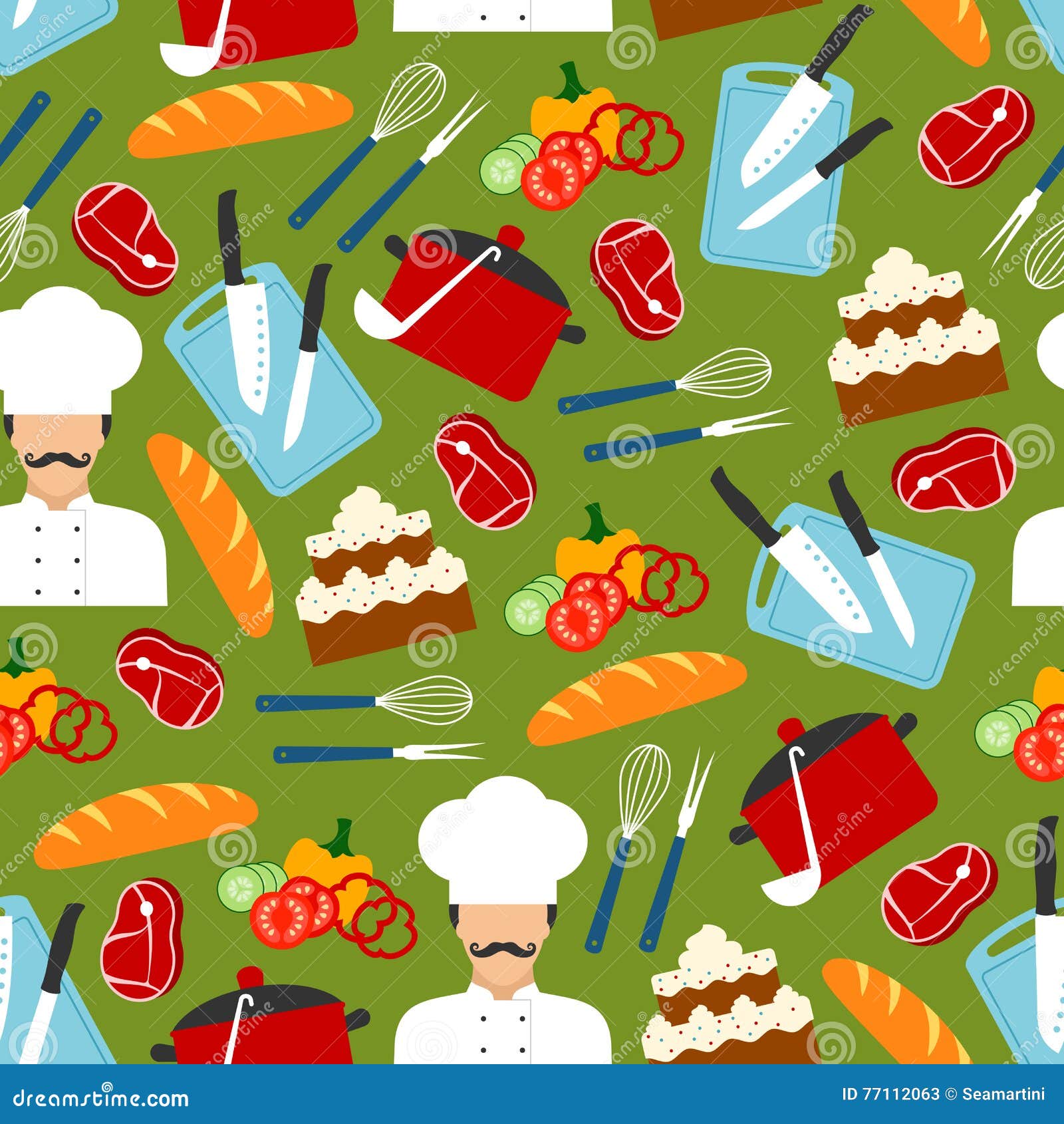 Chef Cooking Dinner Seamless Pattern Stock Vector - Illustration of ...