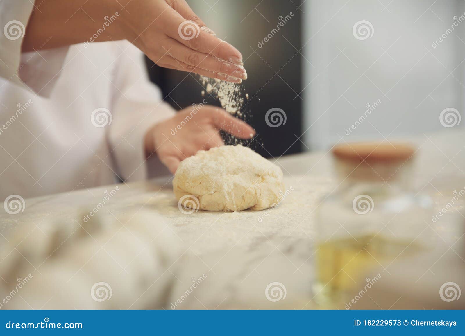 Chef Cooking Dough at Table in Kitchen Stock Image - Image of flour ...