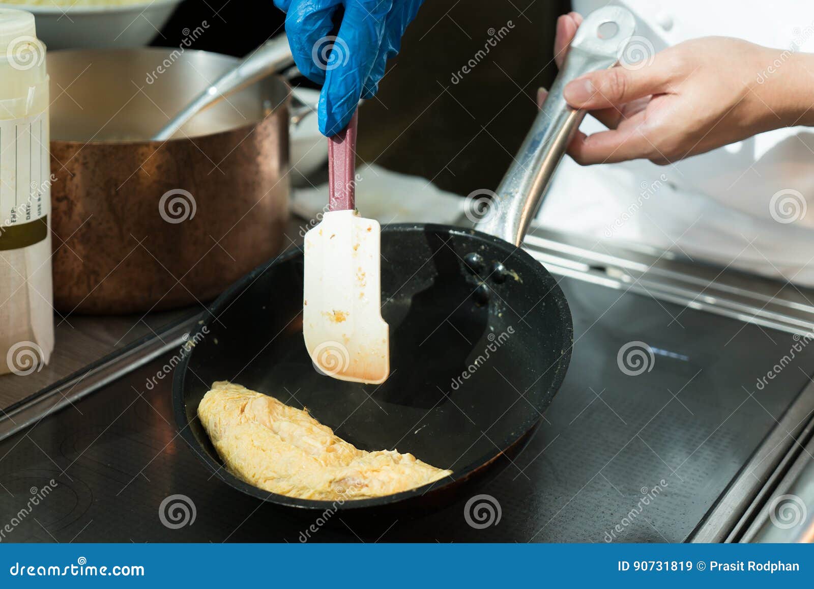 Chef Cooking Egg Omelet in the Pan at Restaurant. Stock Image - Image ...