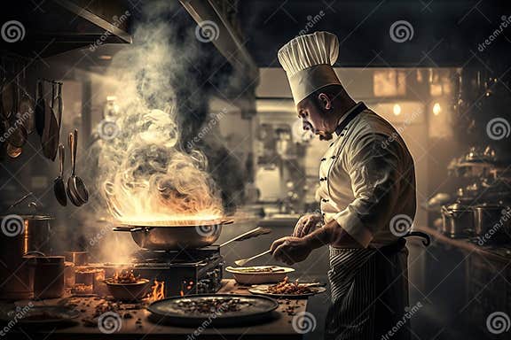 Chef Cooking with Fire Generative AI Stock Illustration - Illustration ...