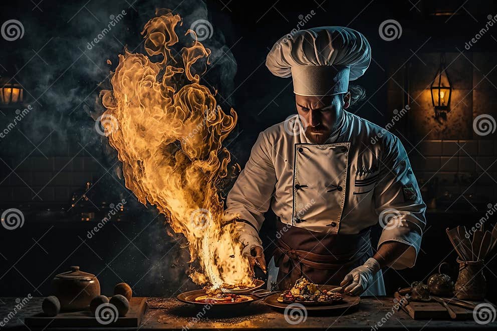 Chef Cooking with Fire. Generative AI Stock Illustration - Illustration ...