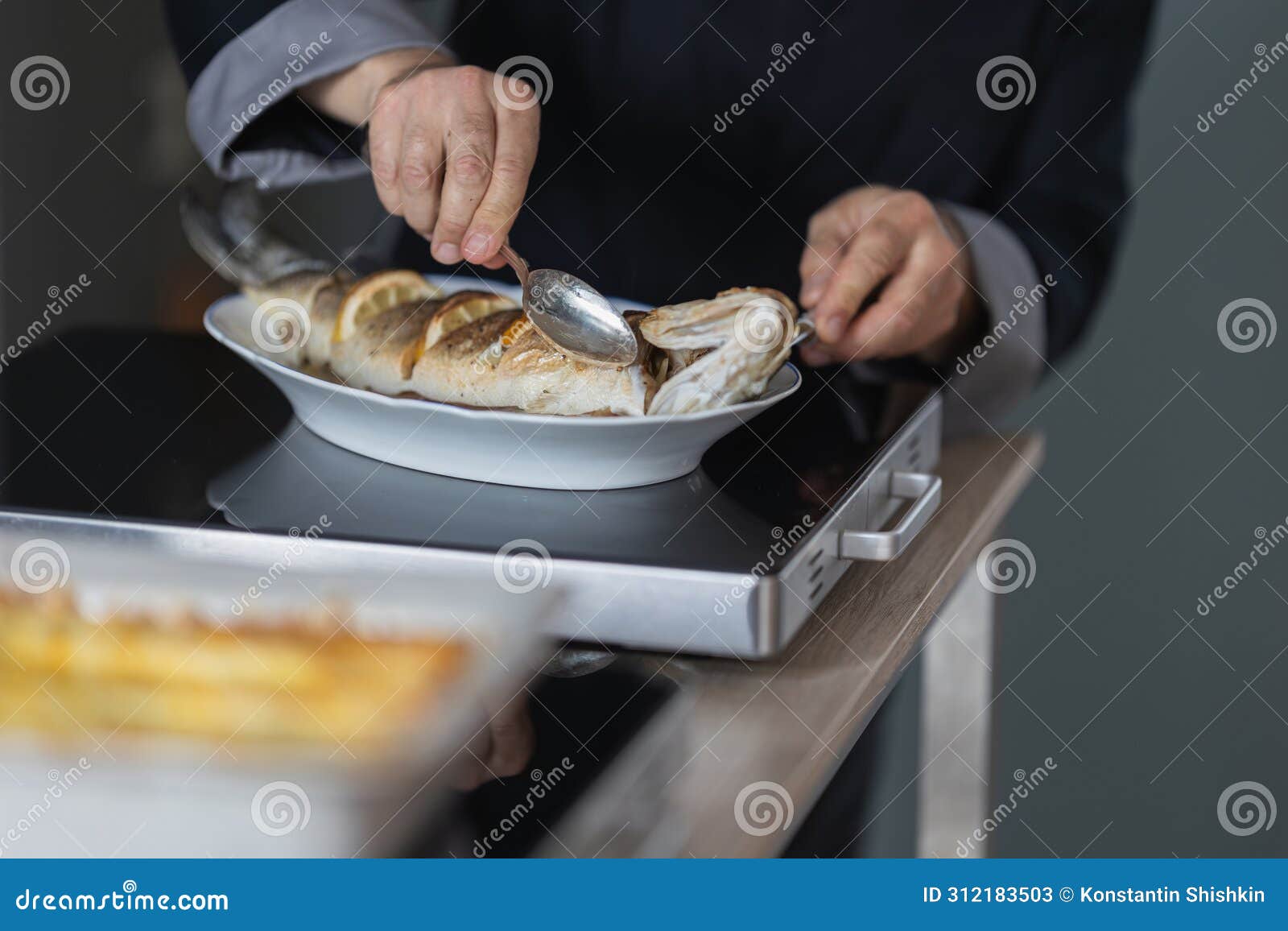 The Chef is Cooking Fish in Restarant Stock Image - Image of closeup ...