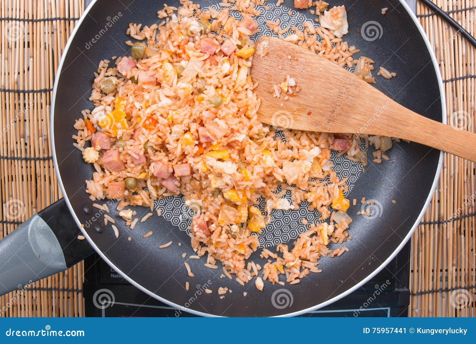 Chef cooking fried rice stock image. Image of bacon, corn - 75957441