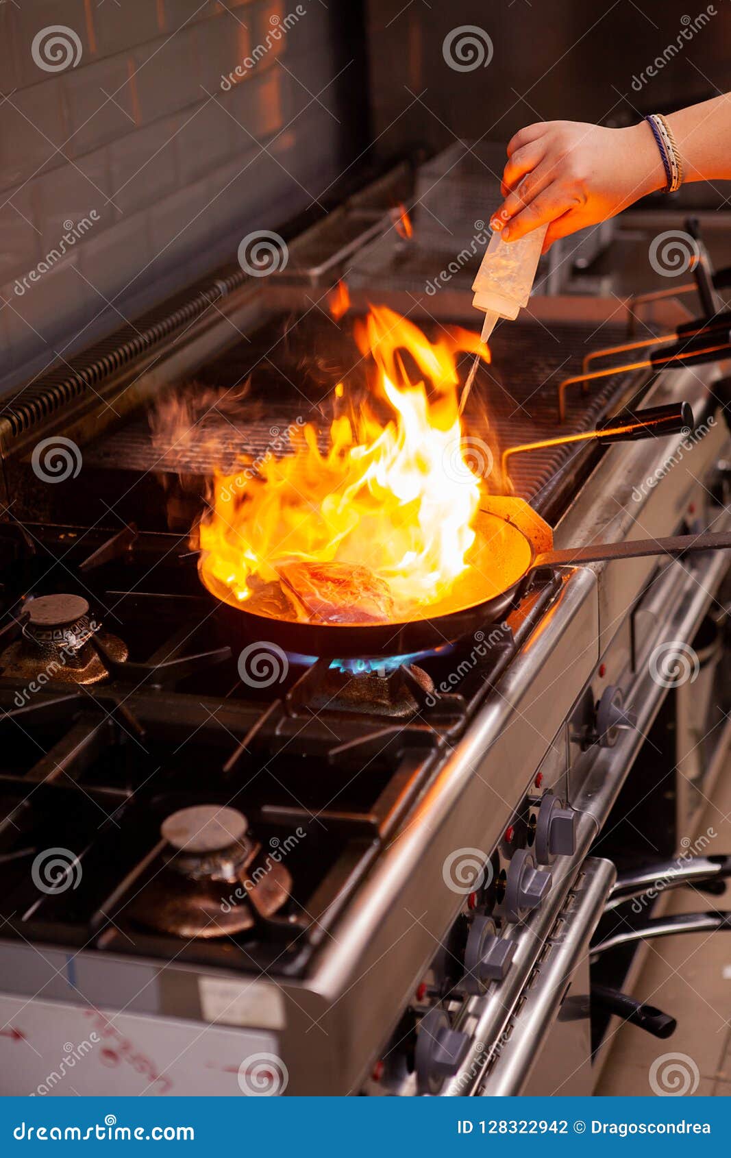 Chef Cooking with High Fire in Kitchen Stock Photo - Image of dinner ...