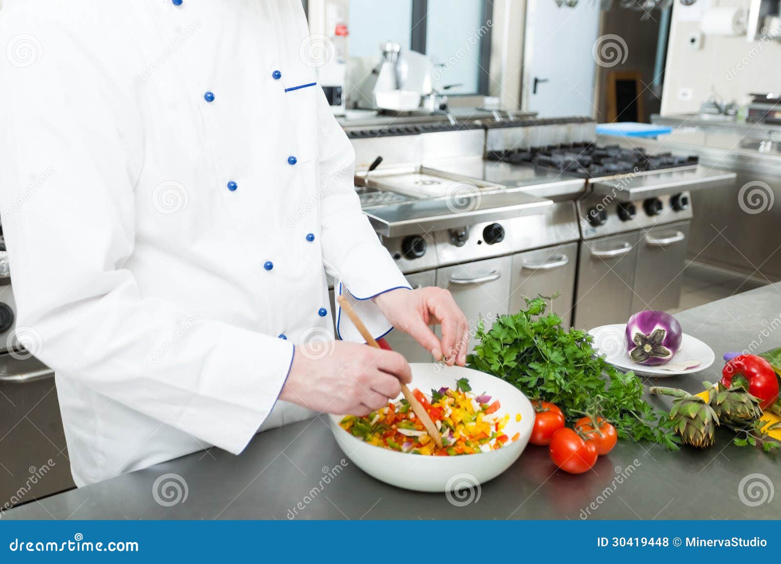 Chef Cooking in His Kitchen Stock Photo - Image of staff, food: 30419448