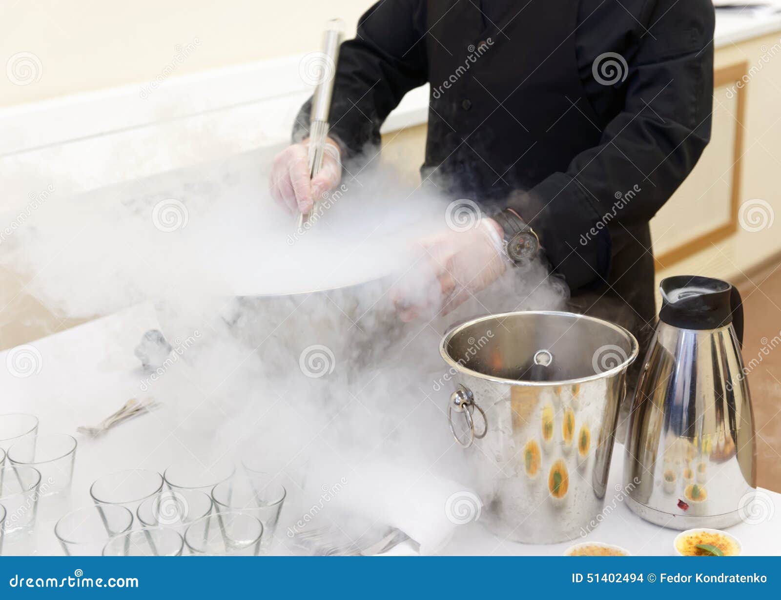Chef is Cooking Ice Cream with Liquid Nitrogen Stock Photo - Image of ...
