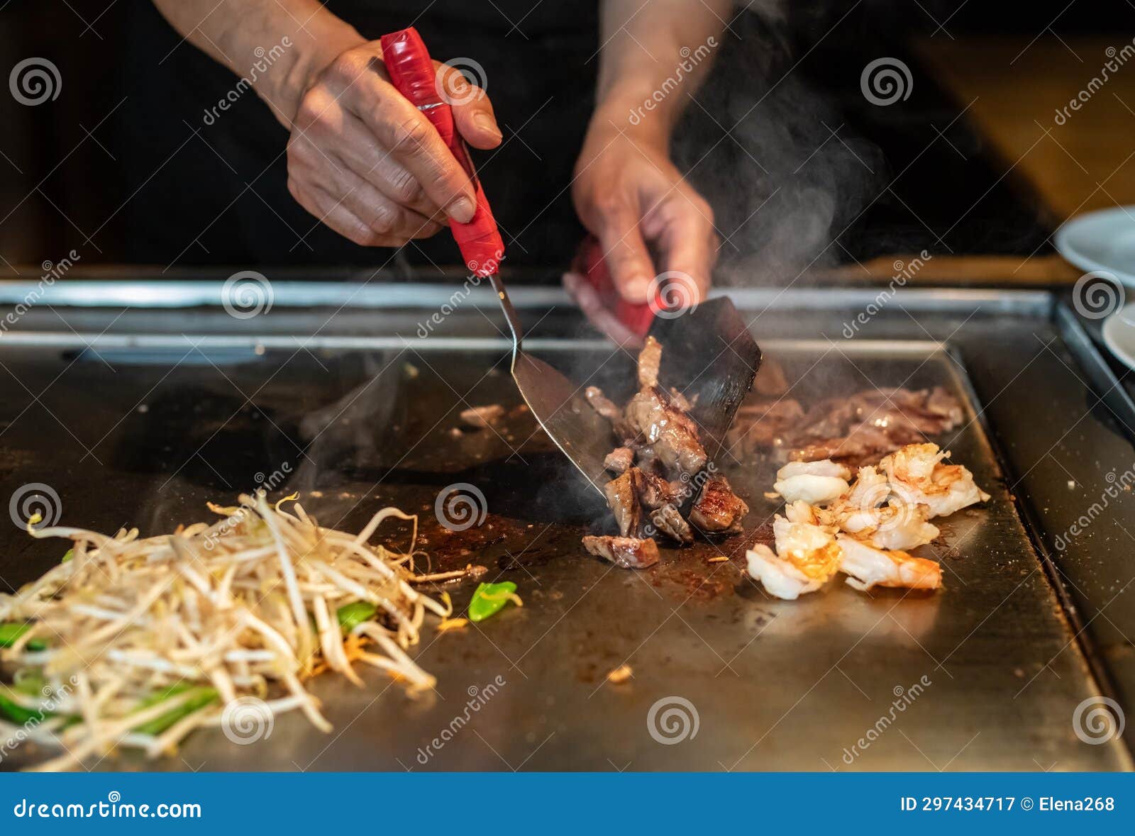 Chef Cooking in Japanese Teppanyaki Restaurant Stock Image - Image of ...