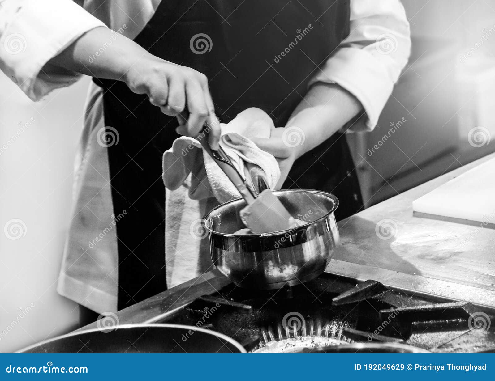 Chef Cooking in a Kitchen, Chef at Work, Black & White Stock Image ...