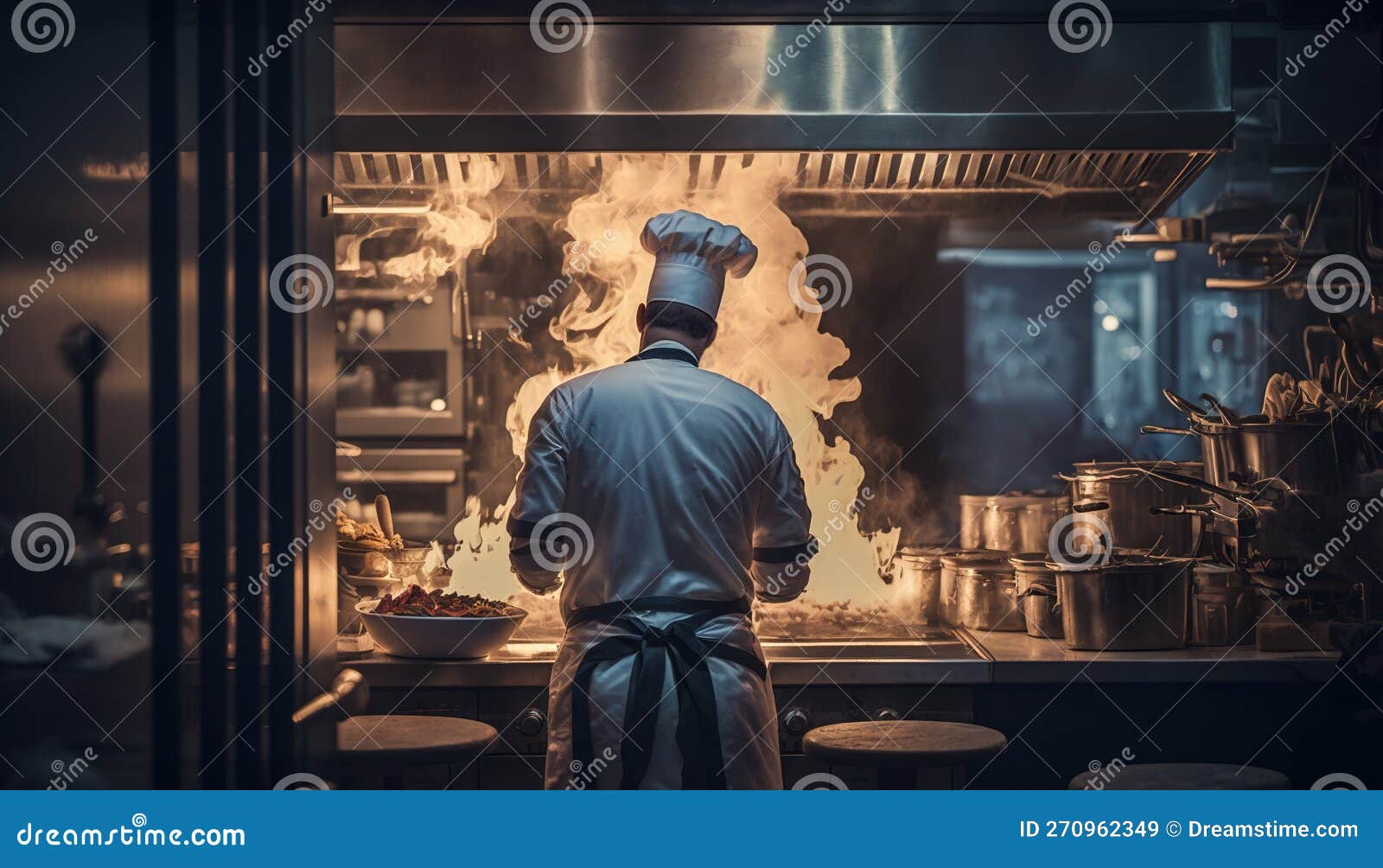 Chef Cooking in a Large Restaurant Kitchen with Flames and Fire ...