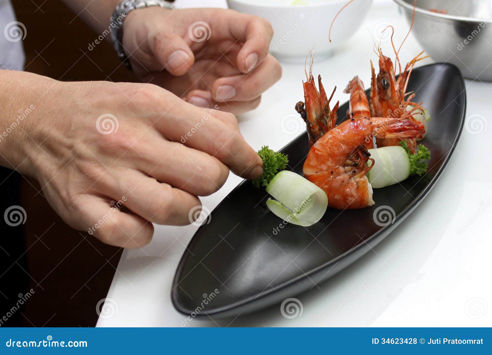 Chef Cooking Menu Pan Fried Tiger Prawn with Curly Cucumber Stock Photo ...