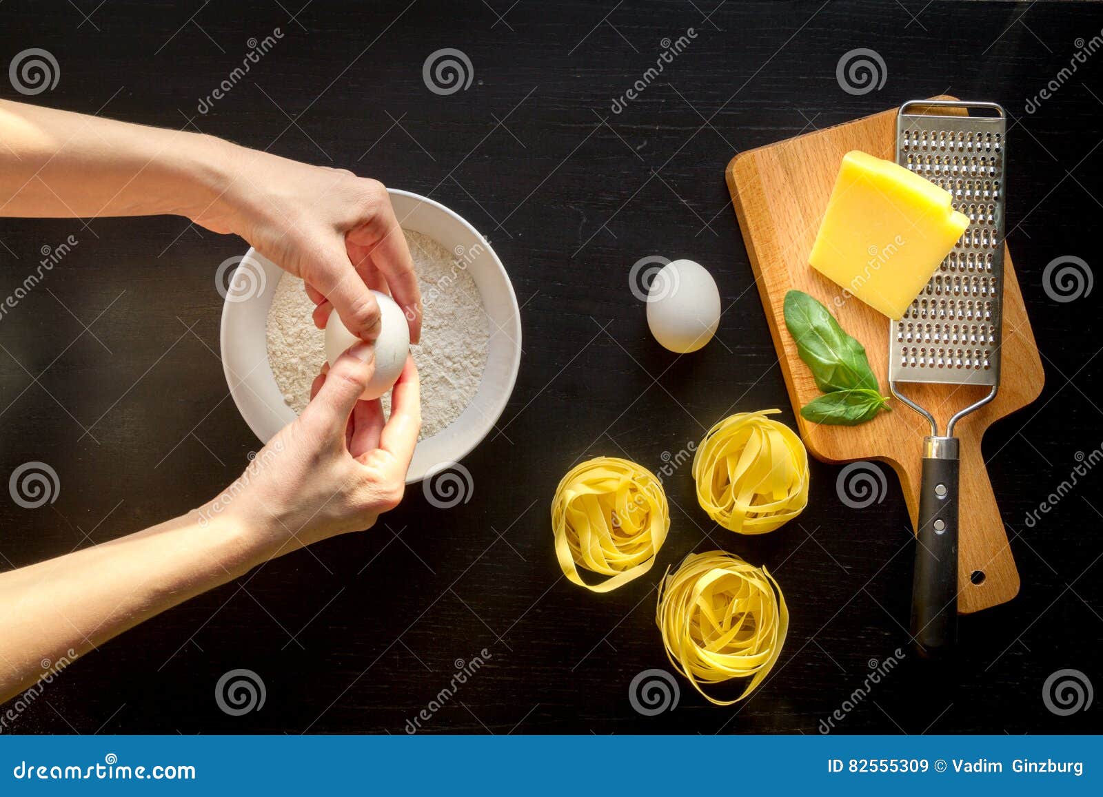 Chef Cooking Pasta Top View on Dark Background Stock Image - Image of ...