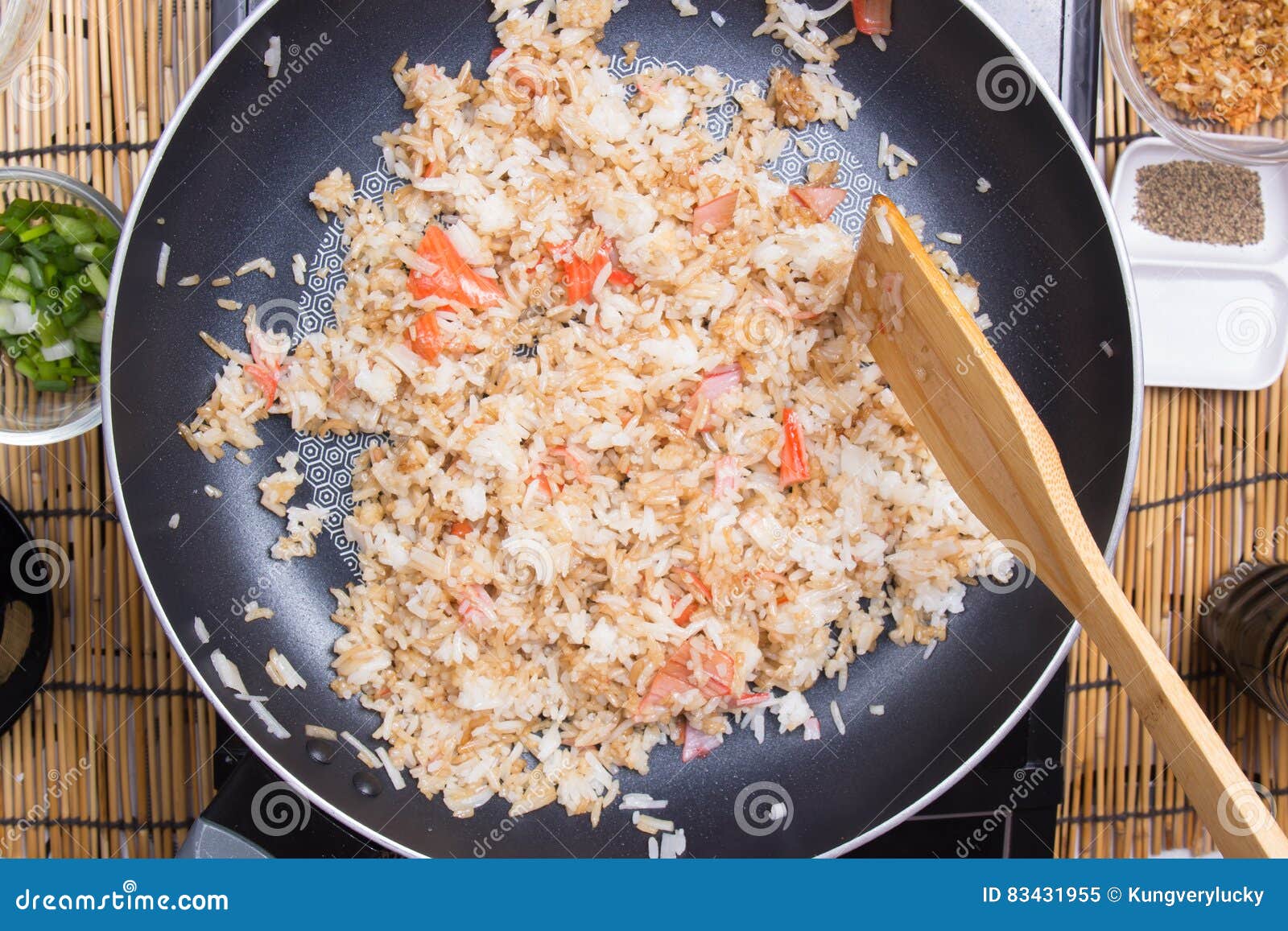Chef cooking rice in pan stock image. Image of garlic - 83431955
