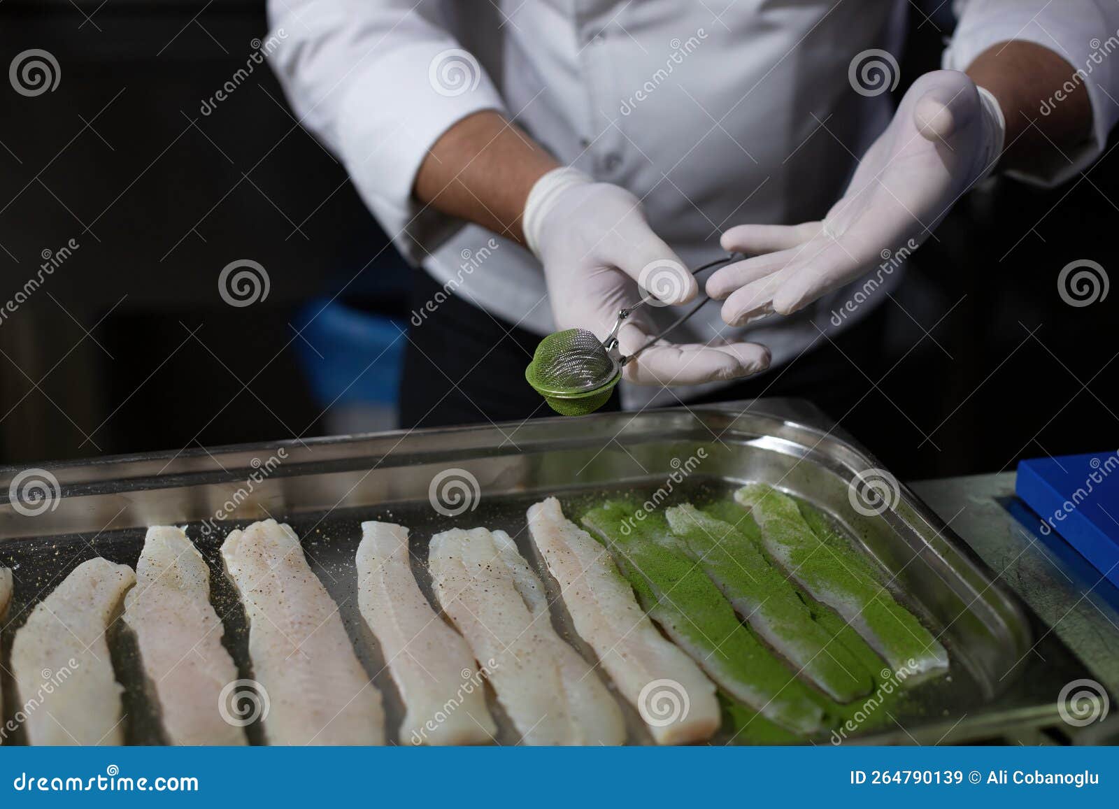 The Chef Cooking Sole. Marinating Fish with a Mixture of 5 Spices Stock ...