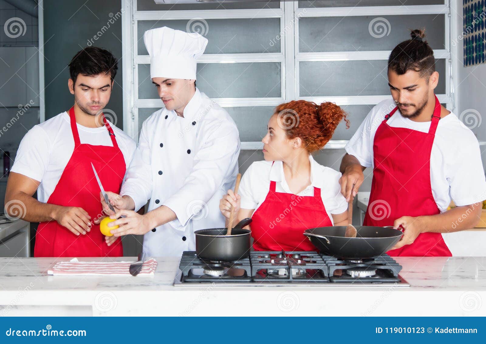 Chef Cooking with Team at Kitchen Stock Image - Image of learning ...