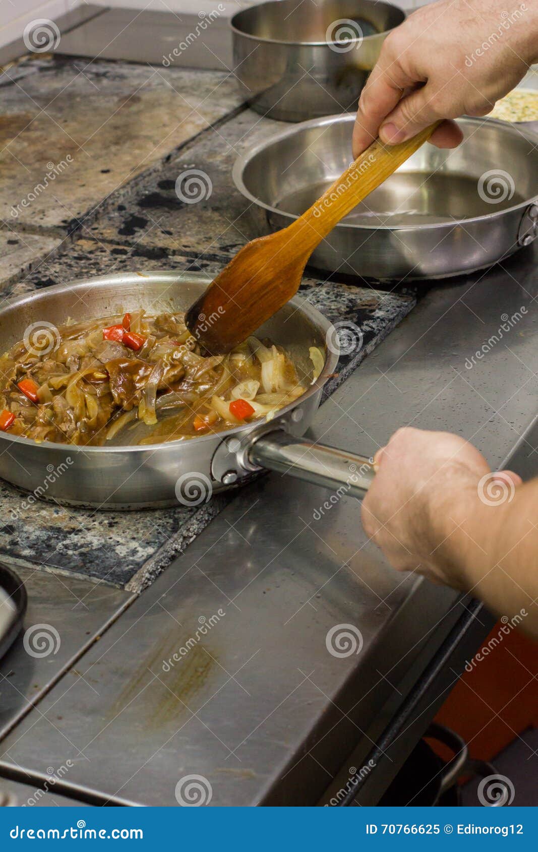 The Chef Cooks the Meat in the Pan Stock Image - Image of meat, chopped ...