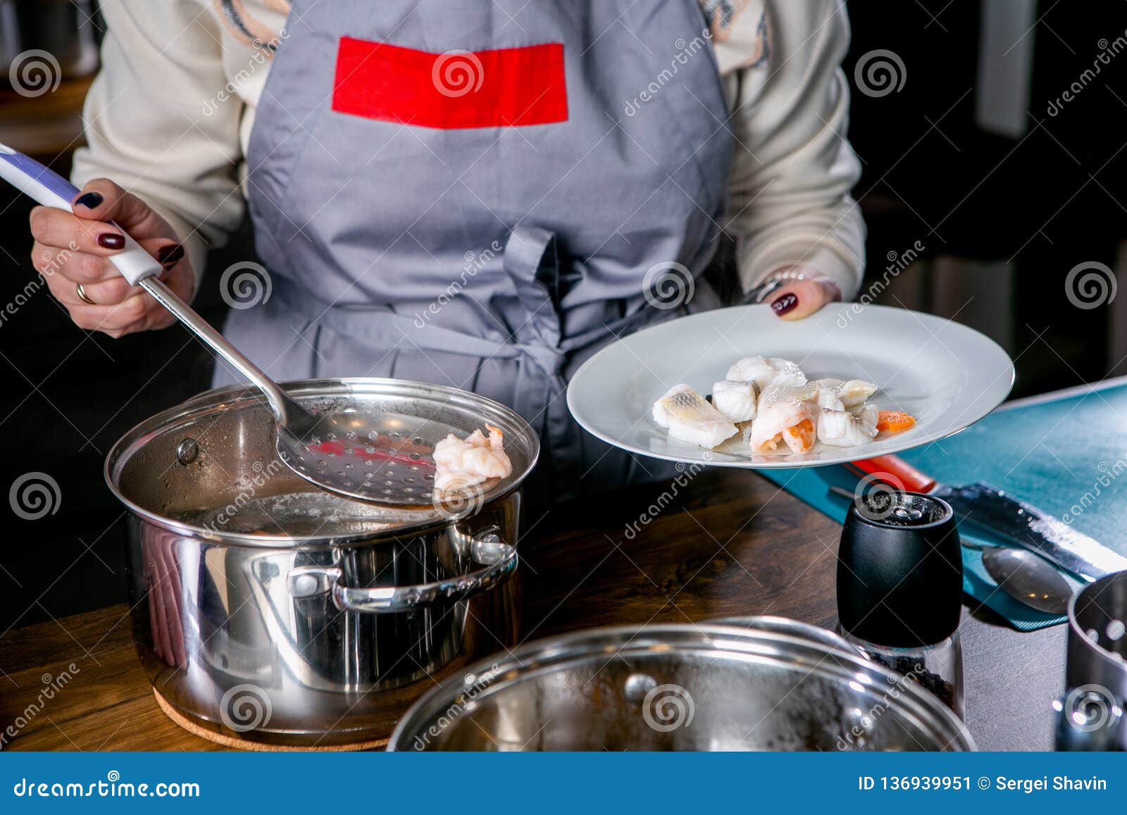 Master Class in the Kitchen. the Process of Cooking. Chef Cooks Shrimp ...