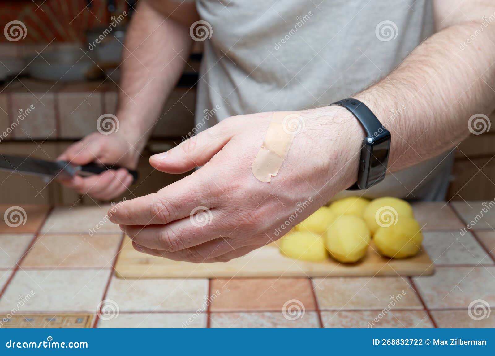 The Chef Cut His Finger while Cooking Stock Photo - Image of plaster ...