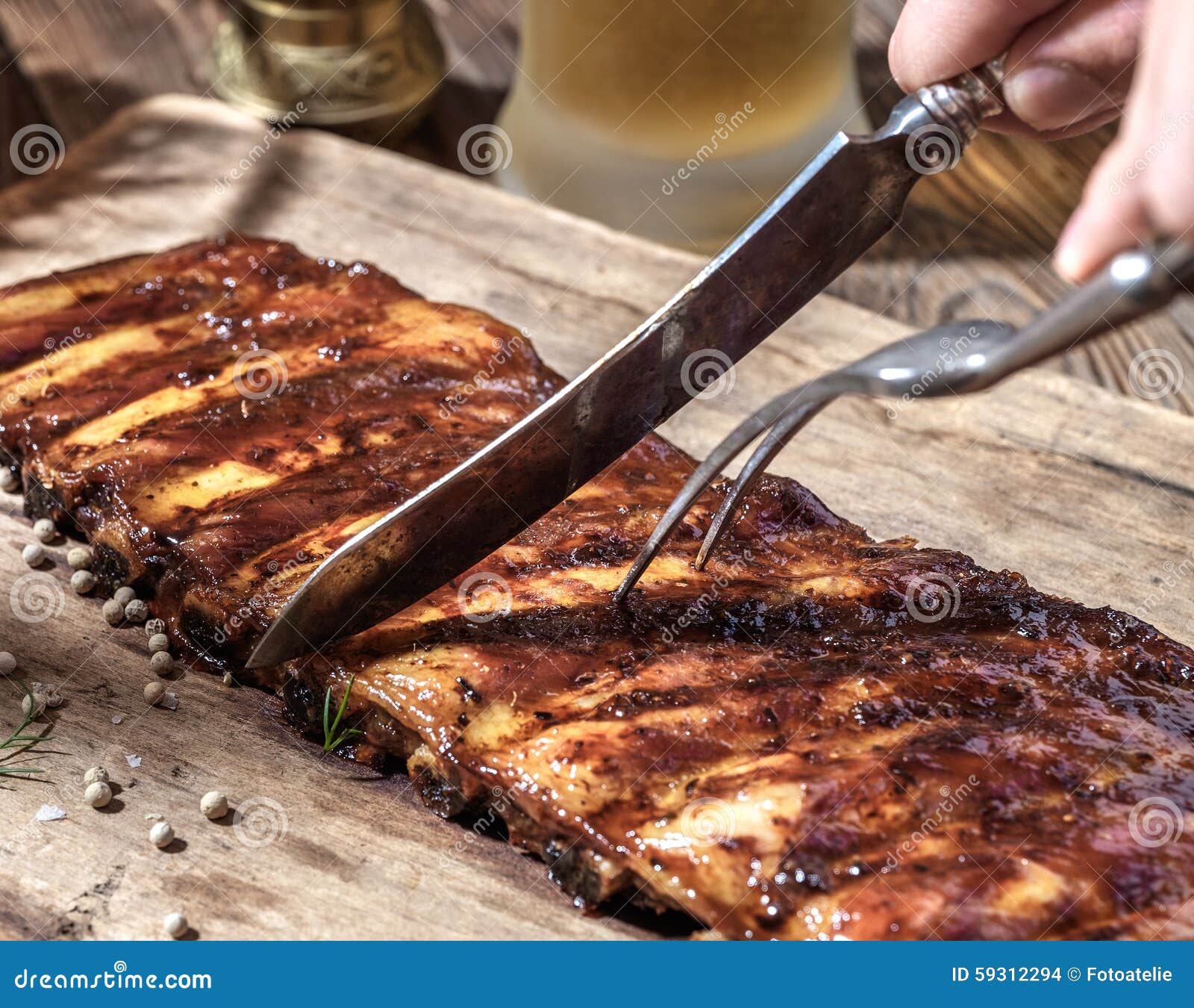 Chef cut up barbecue ribs. stock photo. Image of babyback - 59312294