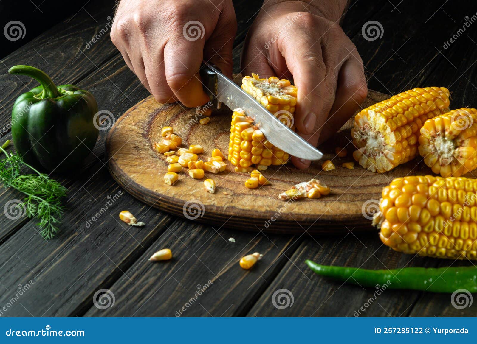 The Chef Cuts Corn with a Knife. Maize is an Excellent Dietary ...