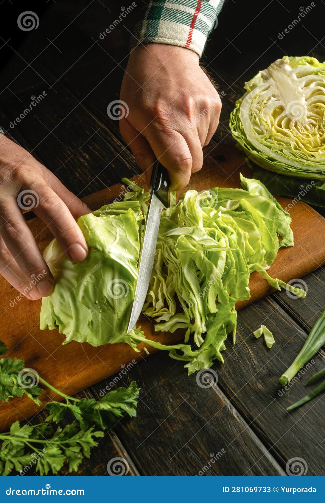 The Chef Cuts Fresh Green Cabbage on a Cutting Board with a Knife ...