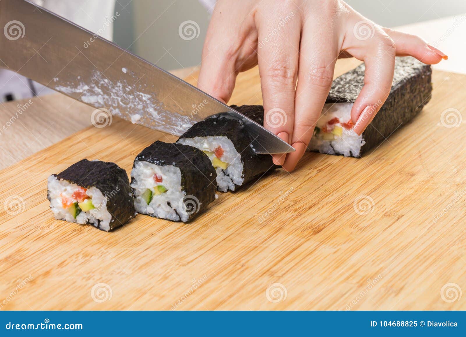 Chef Cuts Rolls, Hands Close-up Stock Image - Image of bamboo, closeup ...