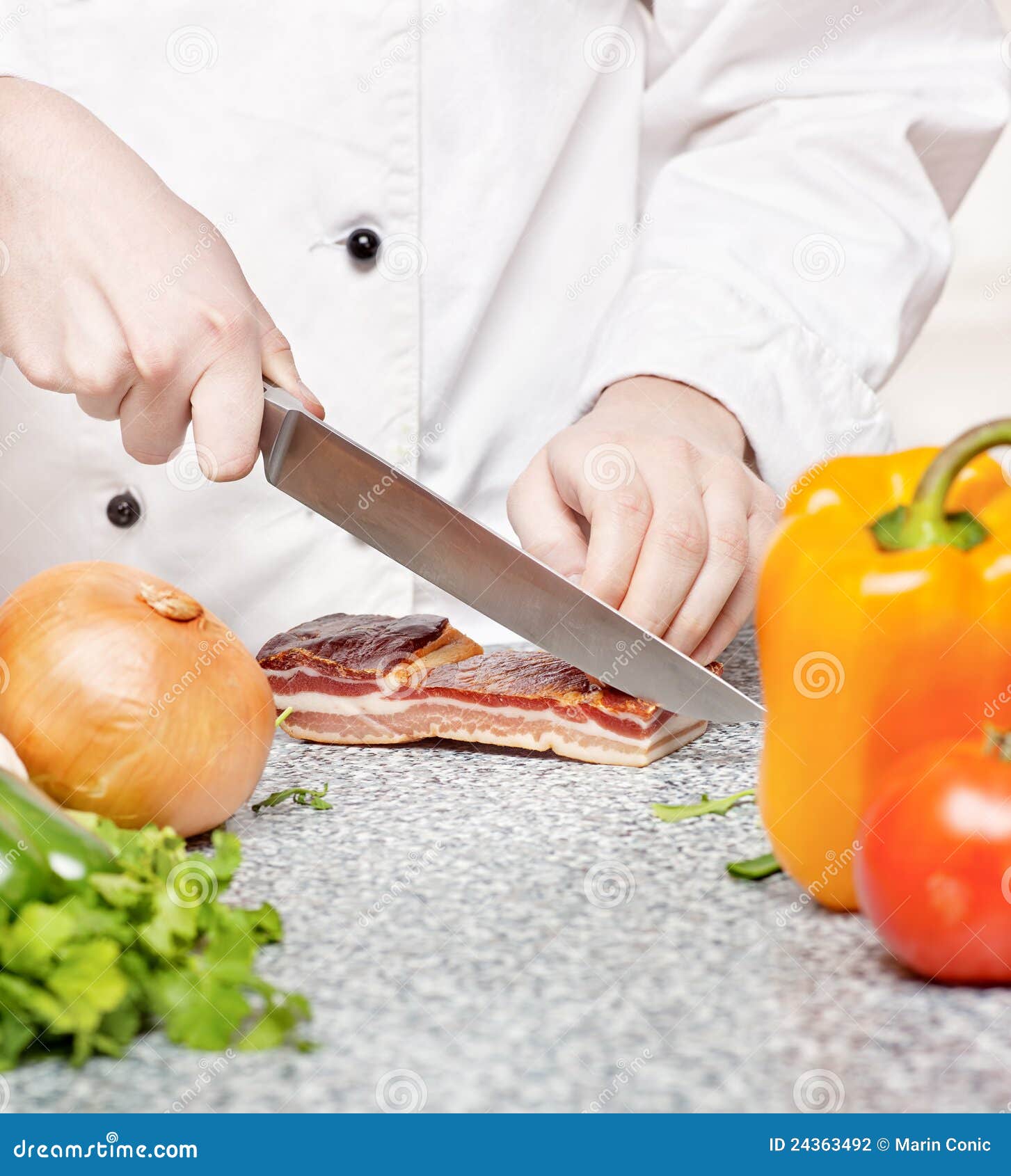 Chef cutting bacon stock photo. Image of occupation, human - 24363492