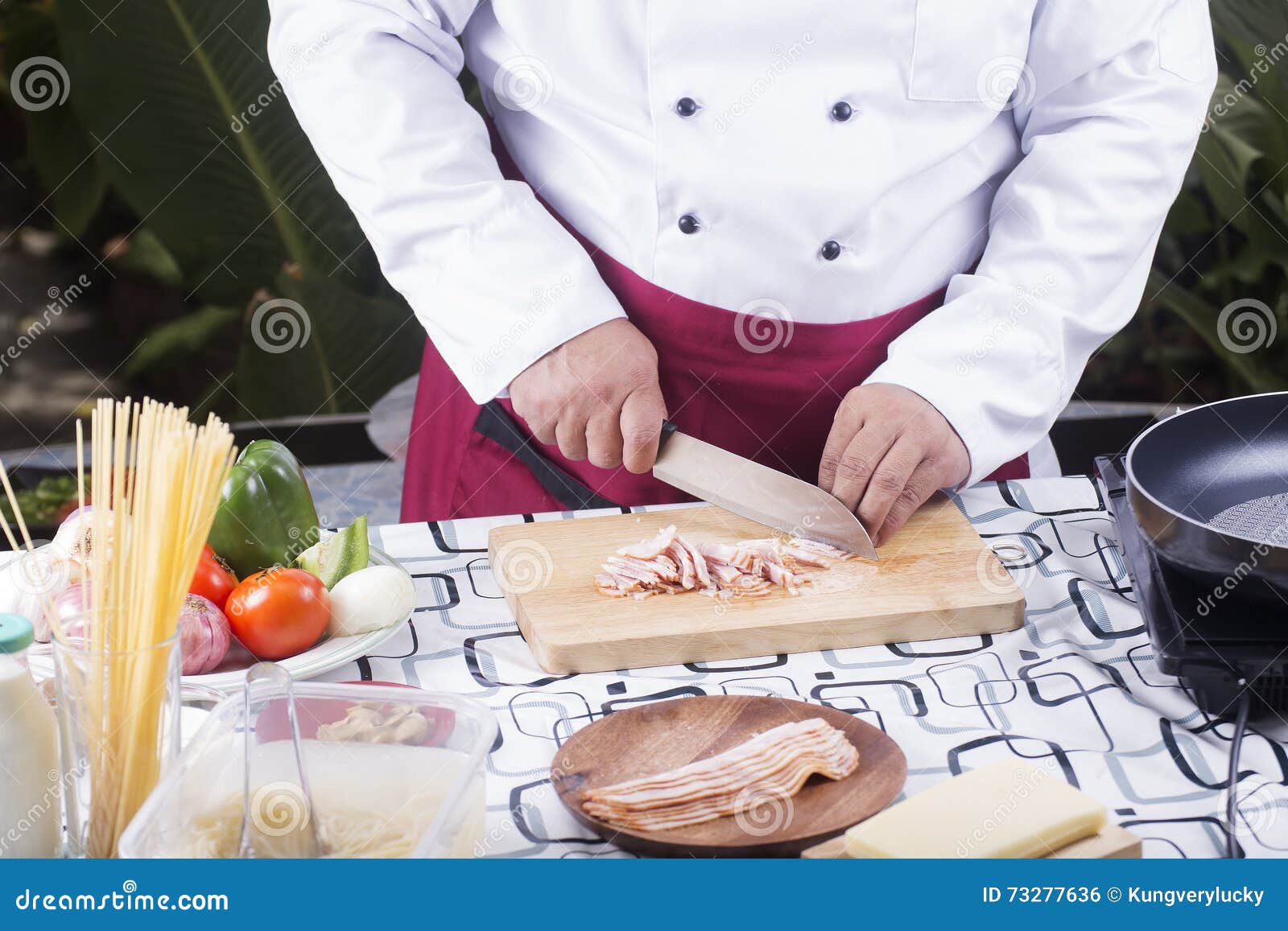 Chef Cutting Bacon with Knife before Cooking Stock Photo - Image of ...