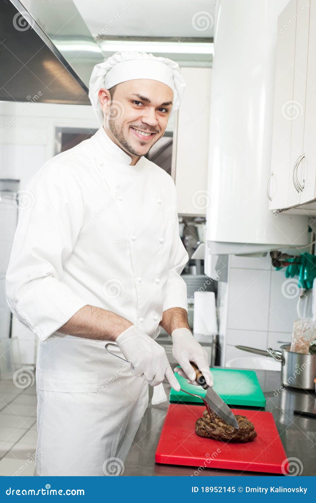 Chef Cutting Beef Steak on Board Stock Image - Image of uniform, cook ...