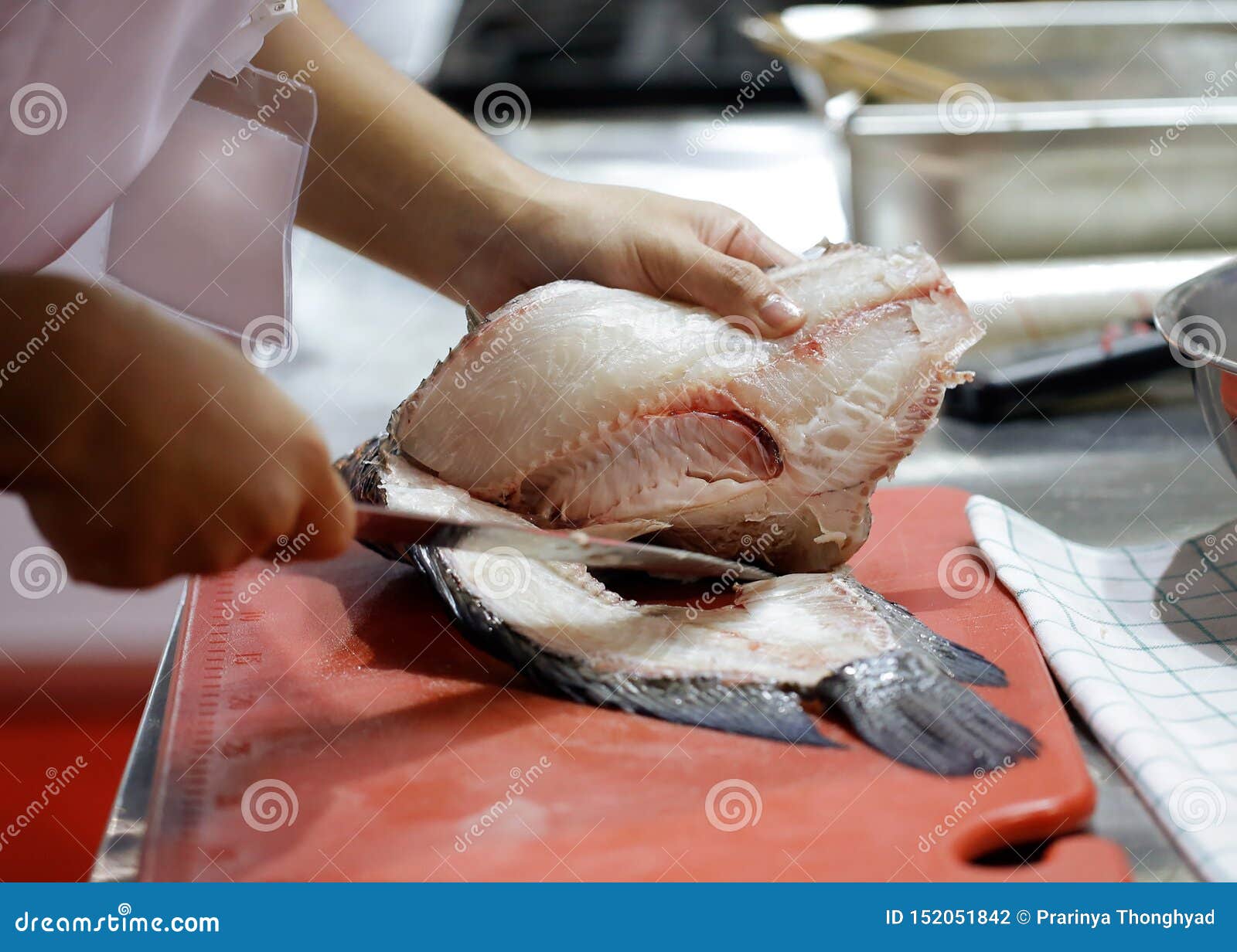 Chef Cutting Fish, Chef Slices Fish Fresh on Board in the Kitchen Stock ...