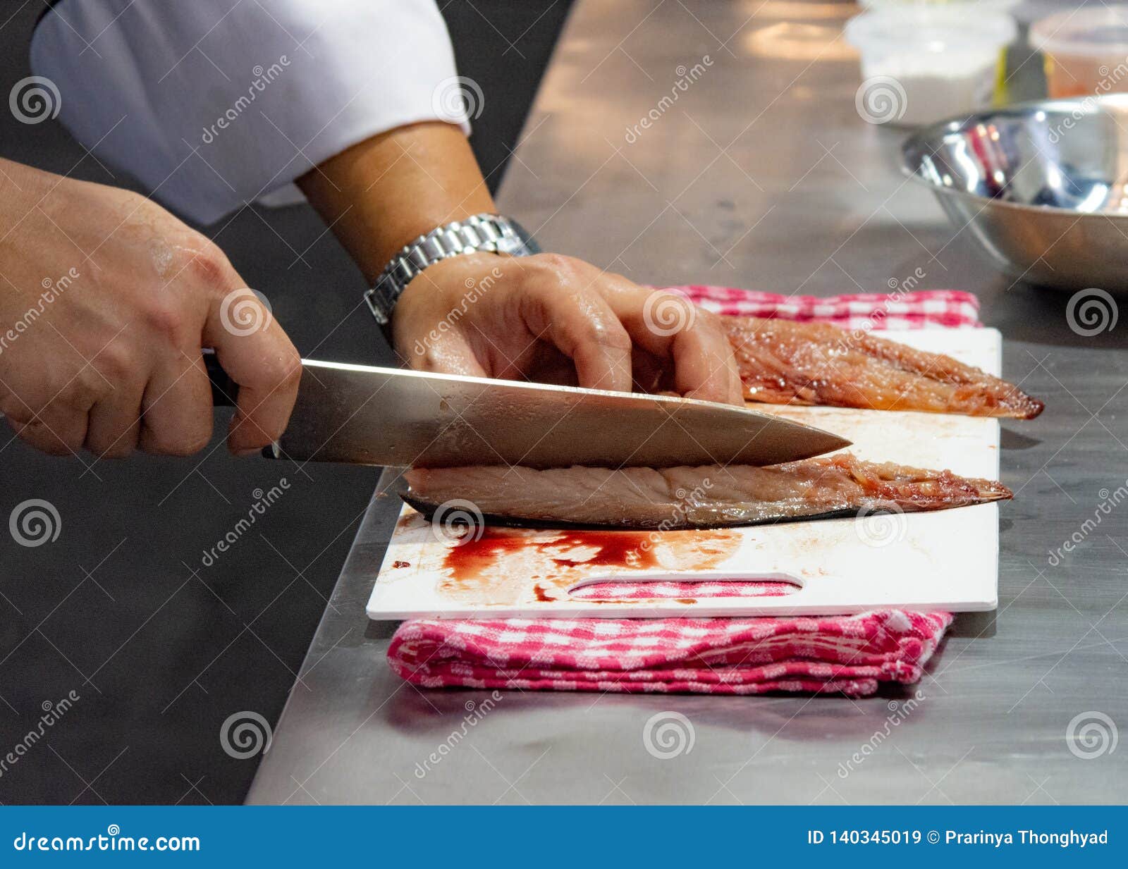 Chef Cutting Fish, Chef Slices Fish Fresh on Board in the Kitchen Stock ...
