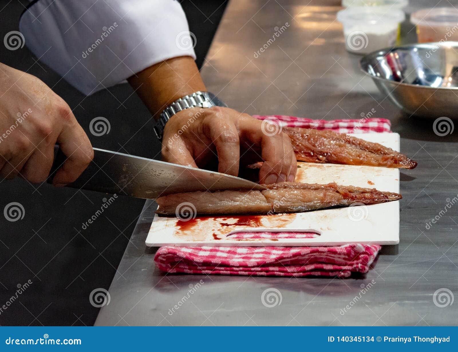 Chef Cutting Fish, Chef Slices Fish Fresh on Board in the Kitchen Stock ...