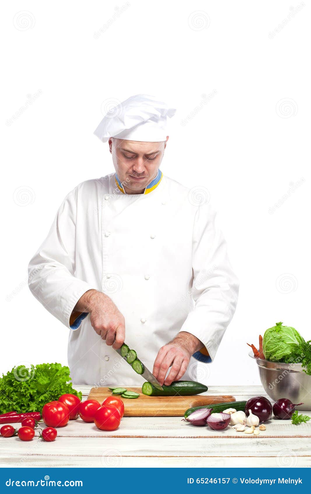 Chef Cutting a Green Cucumber in His Kitchen Stock Image - Image of ...