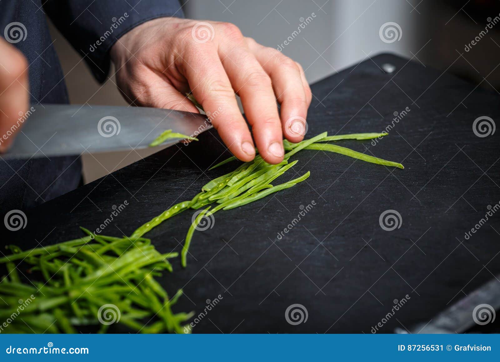 Chef cutting green peas stock image. Image of fresh, slicing - 87256531