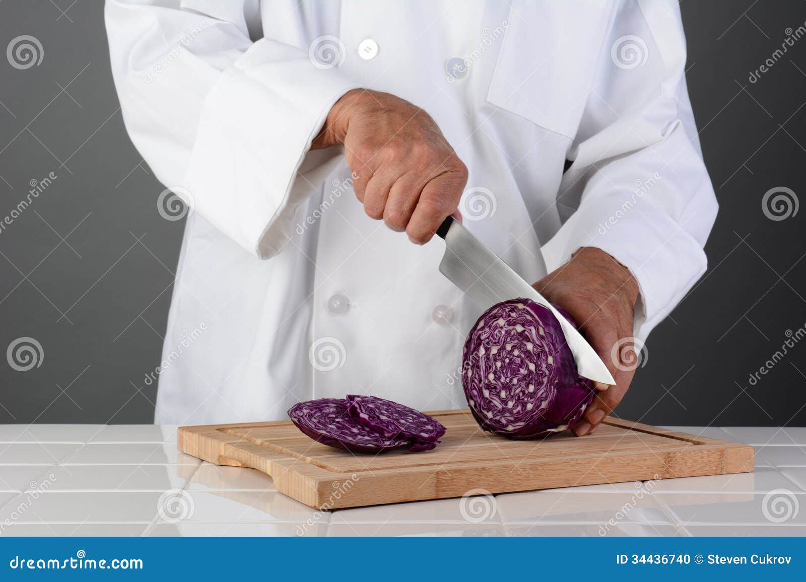 Chef Cutting a Head of Red Cabbage Stock Photo - Image of hospitality ...